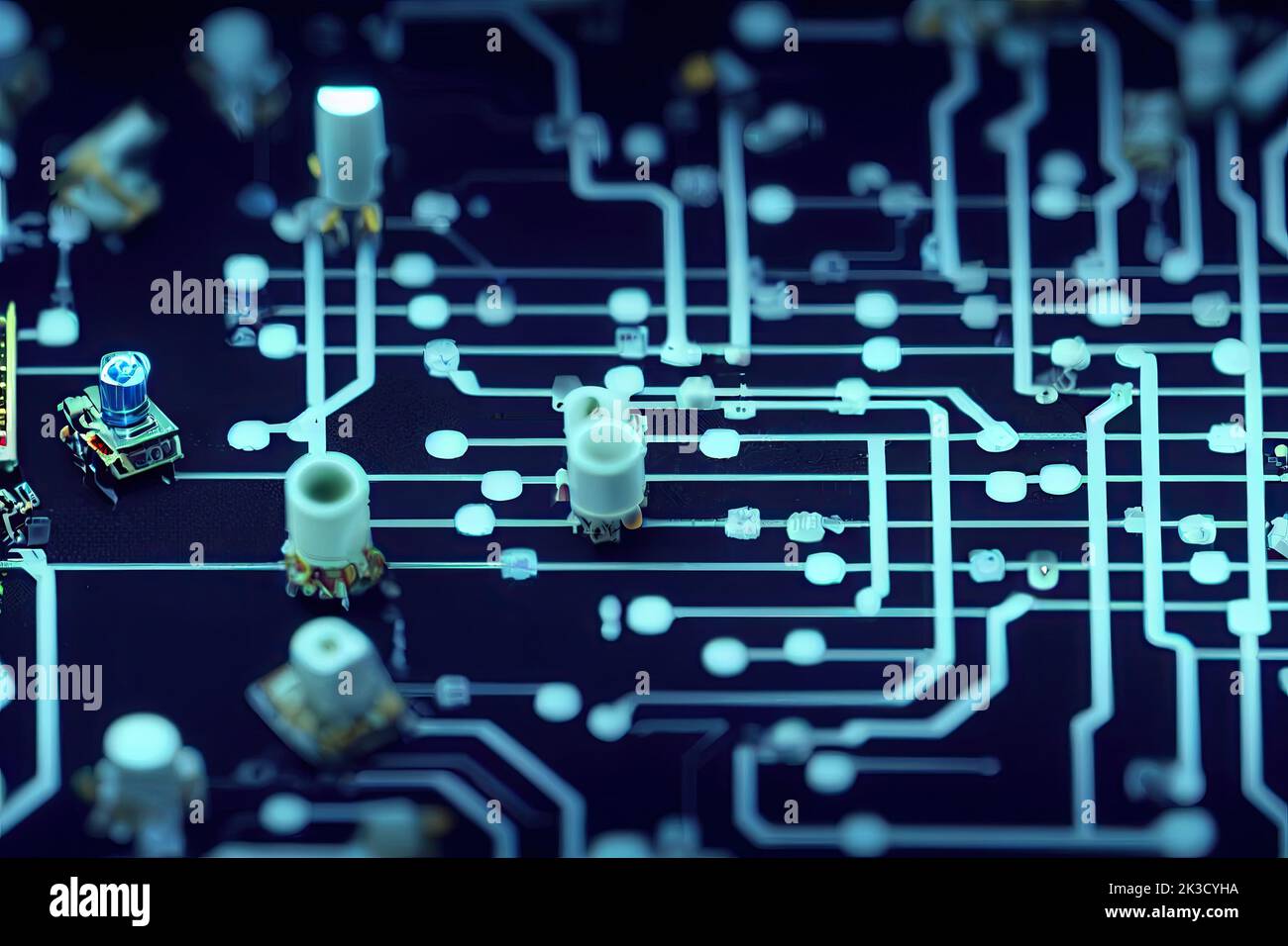 a blue electronic circuit board with chips and LED lights in the ...