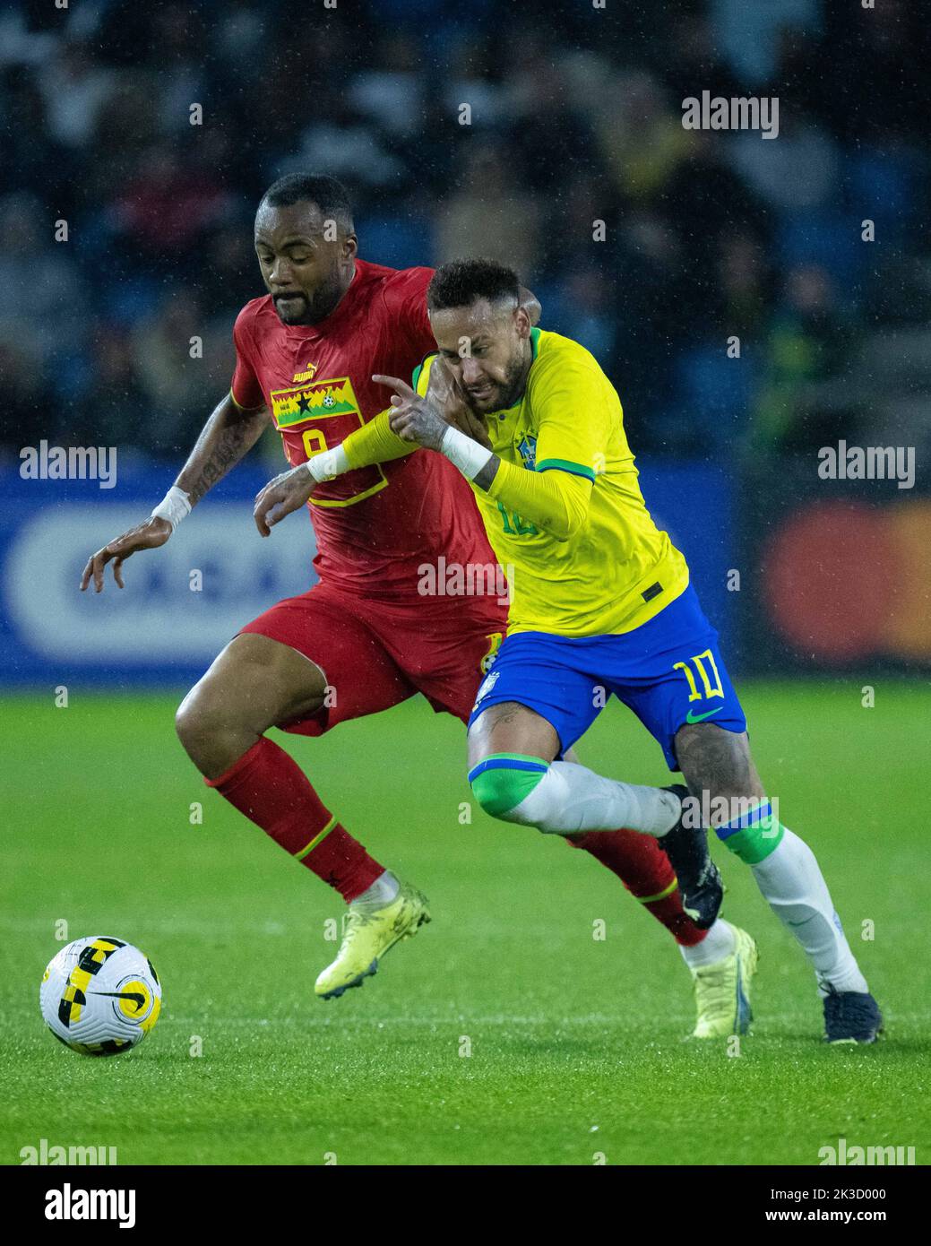 LE HAVRE, FRANCE - SEPTEMBER 23: Neymar of Brazil and Jordan Ayew of ...