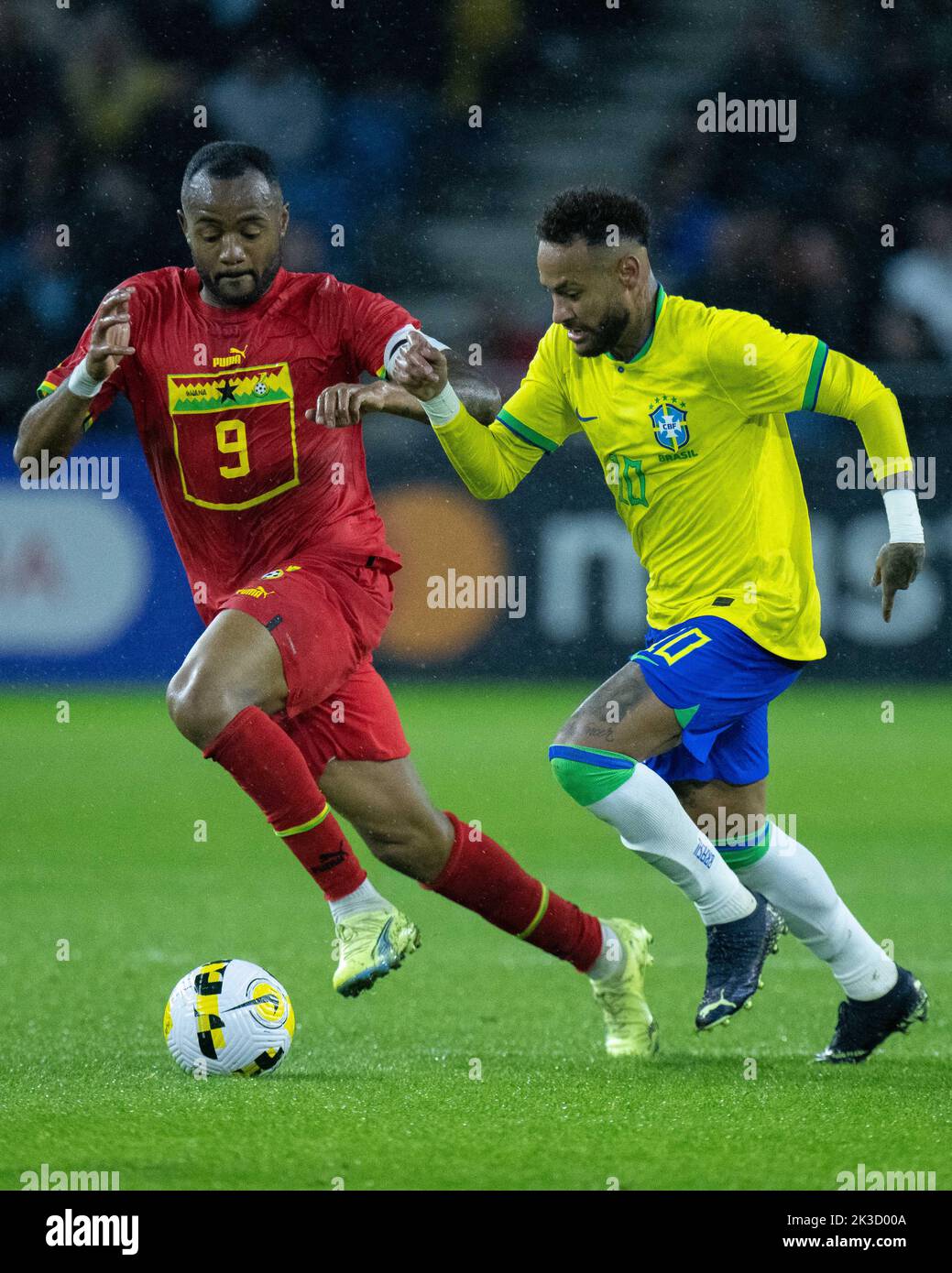LE HAVRE, FRANCE - SEPTEMBER 23: Neymar of Brazil and Jordan Ayew of ...
