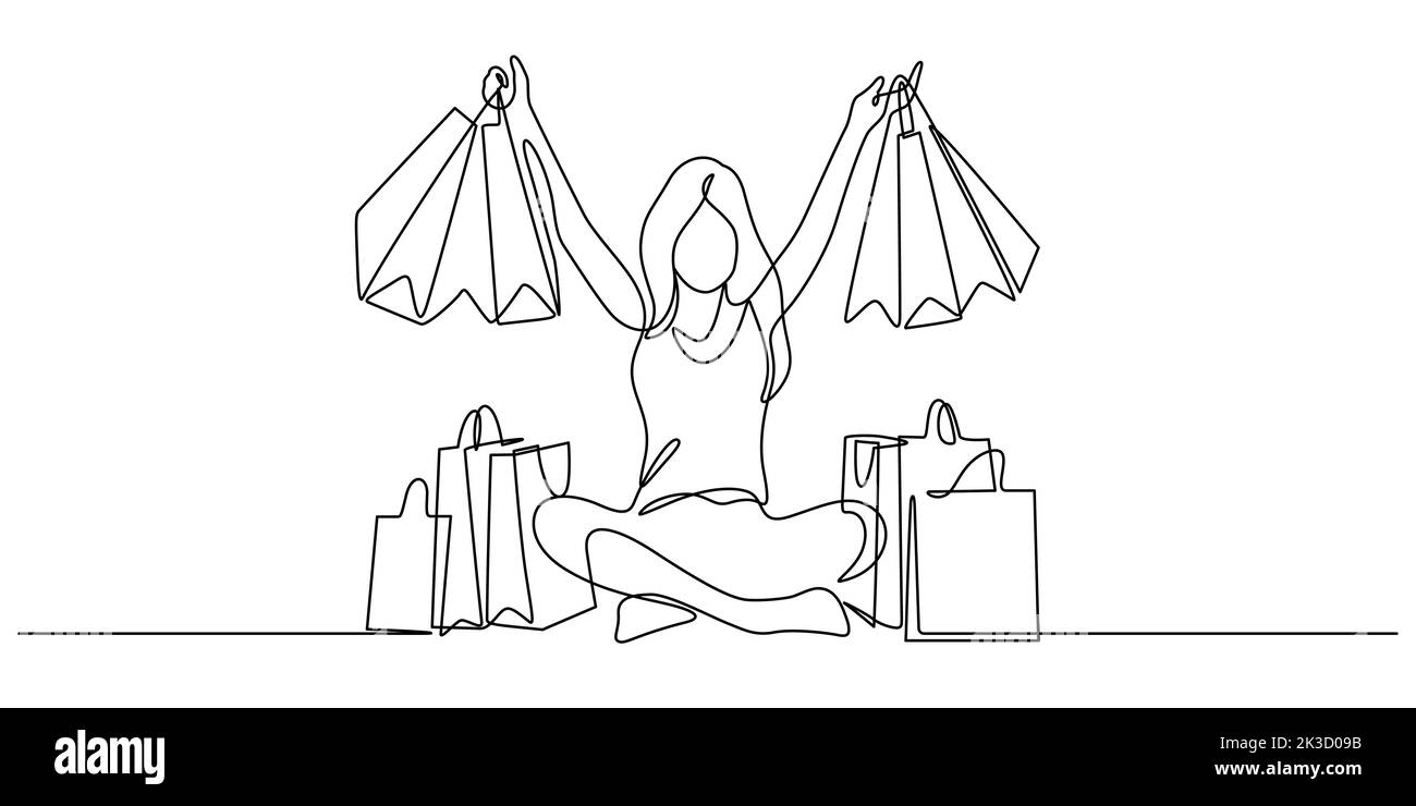 woman celebrating with shopping bags sitting on the floor in continuous line drawing vector ...