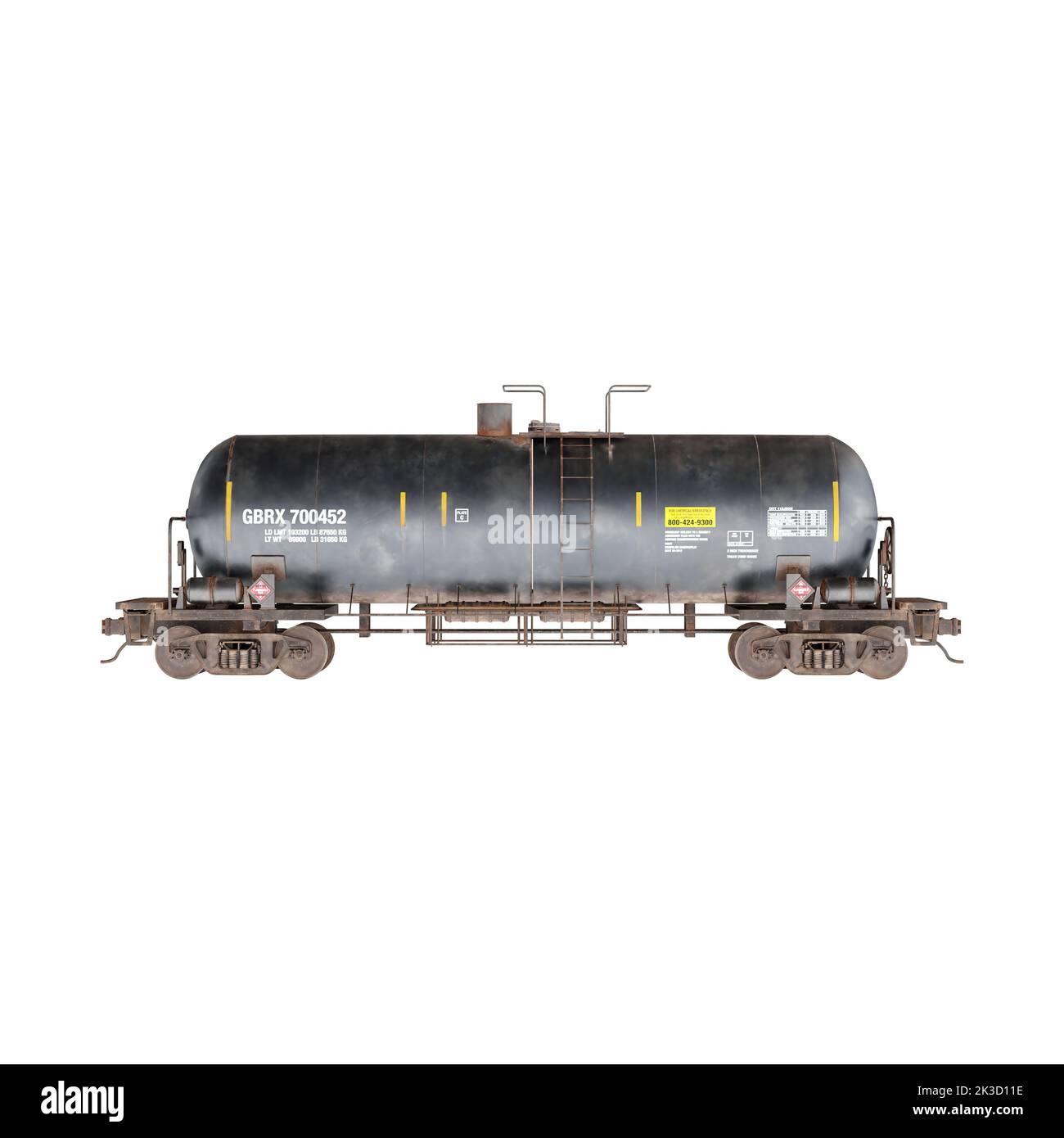 A 3D rendering of an oil-coated tanker train on white background Stock ...