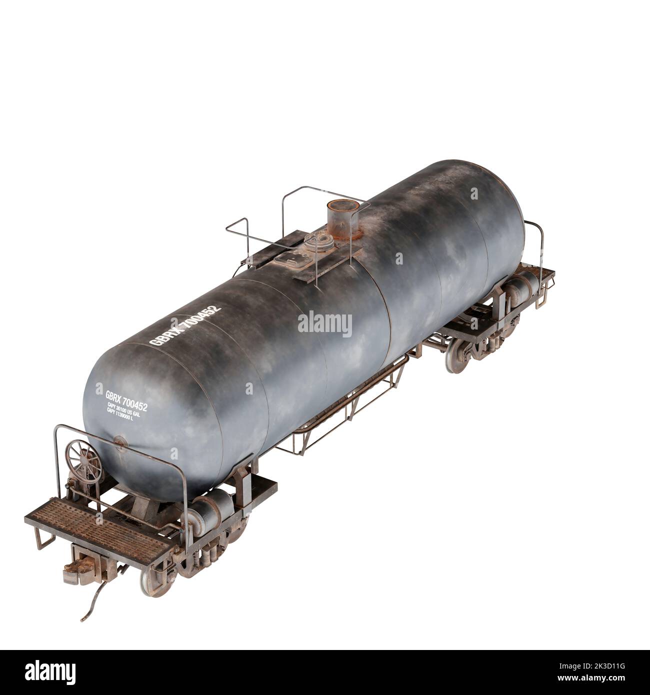 A 3D rendering of an oil-coated tanker train on white background Stock ...