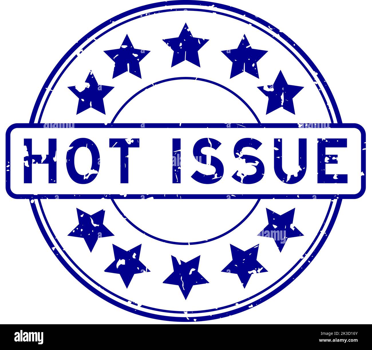 Grunge blue hot issue word with star icon round rubber seal stamp on ...