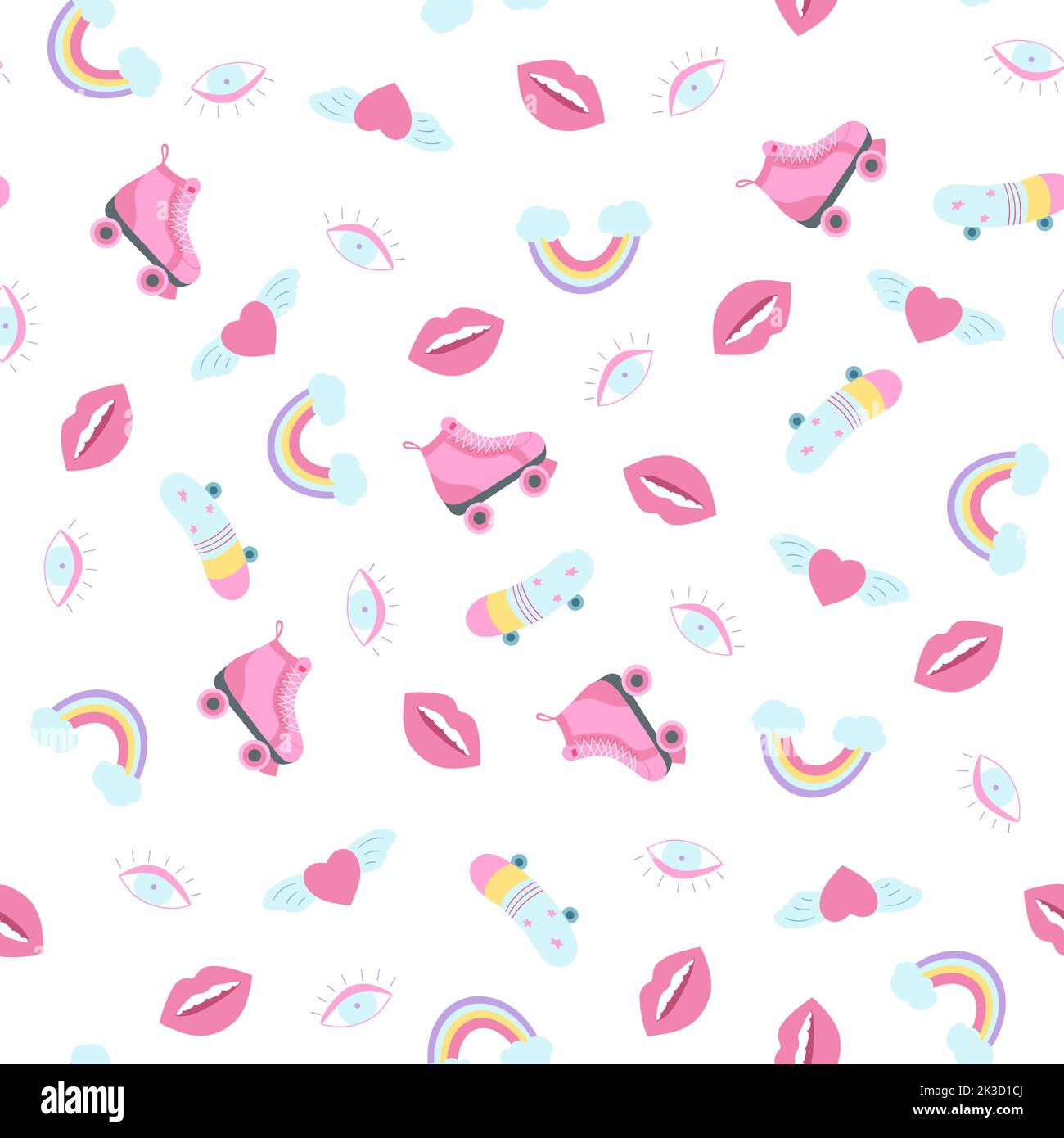 Seamless pattern with retro roller skates, lips, rainbow, heart with ...