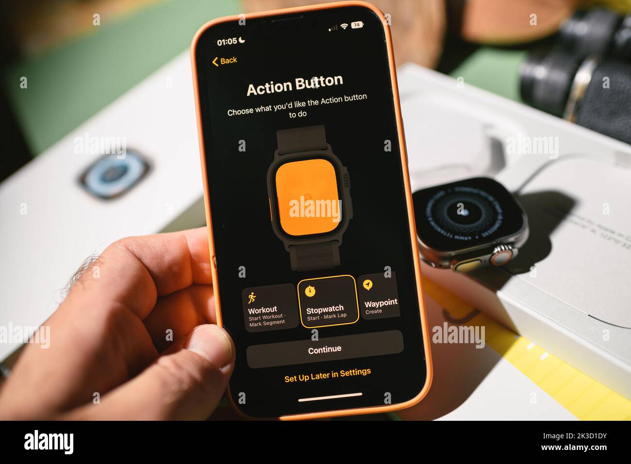 London, United Kingdom - Sep 23, 2022: Setting up the new International orange action button on ...