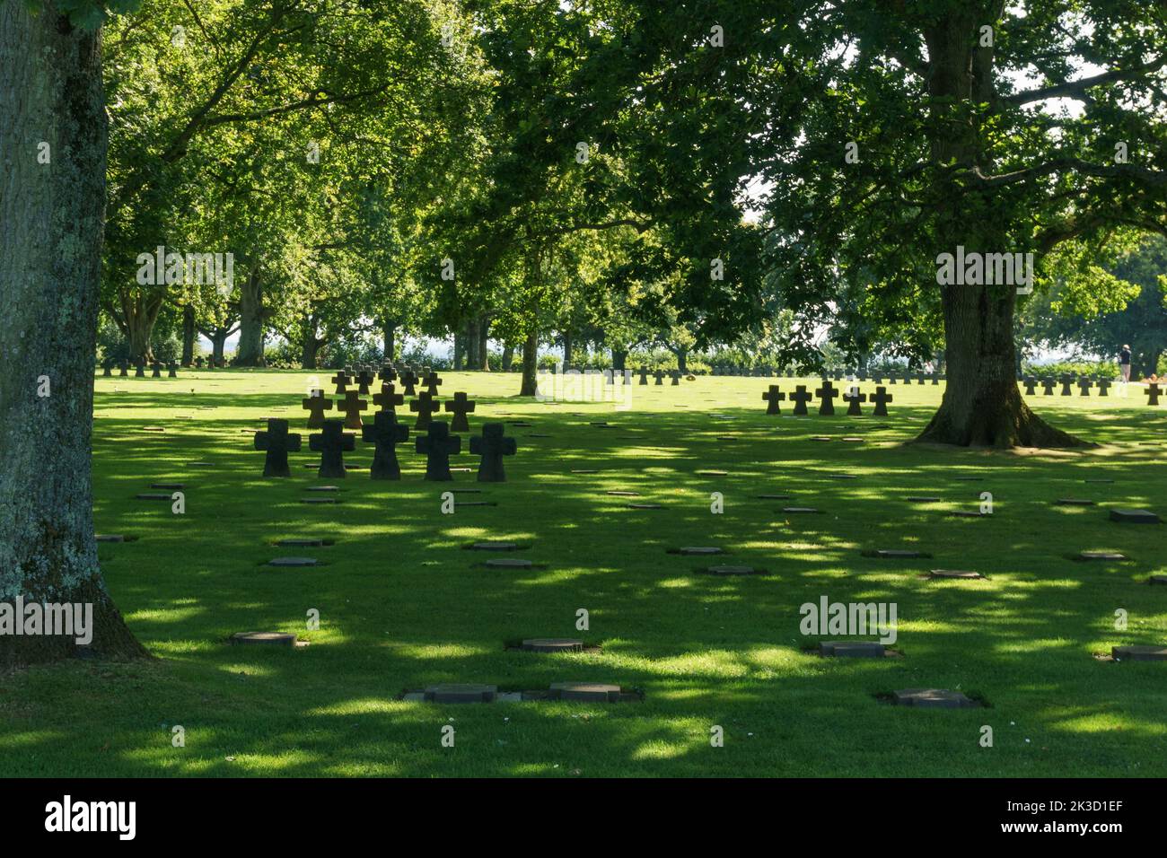 Black crosses of graves under trees at German Military Cemetery and ...