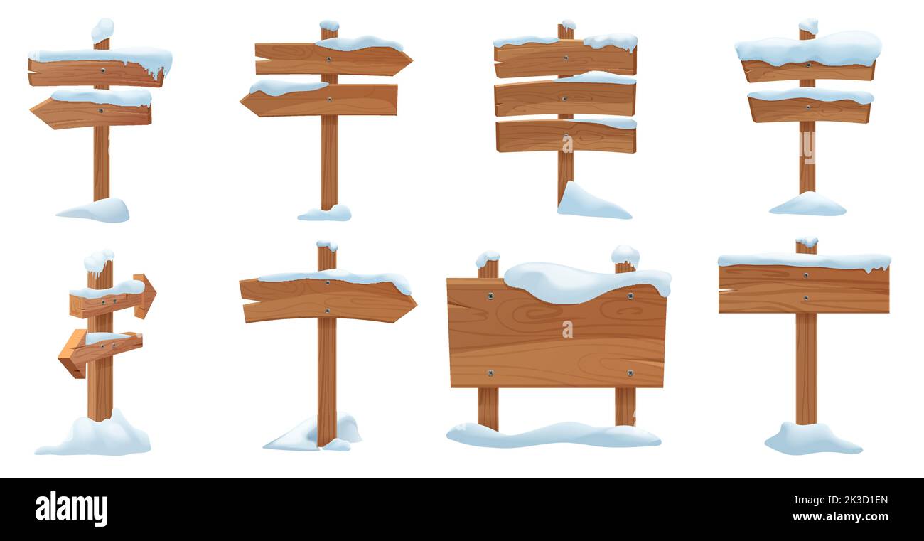 Wooden board and arrow in winter set vector illustration. Cartoon blank ...