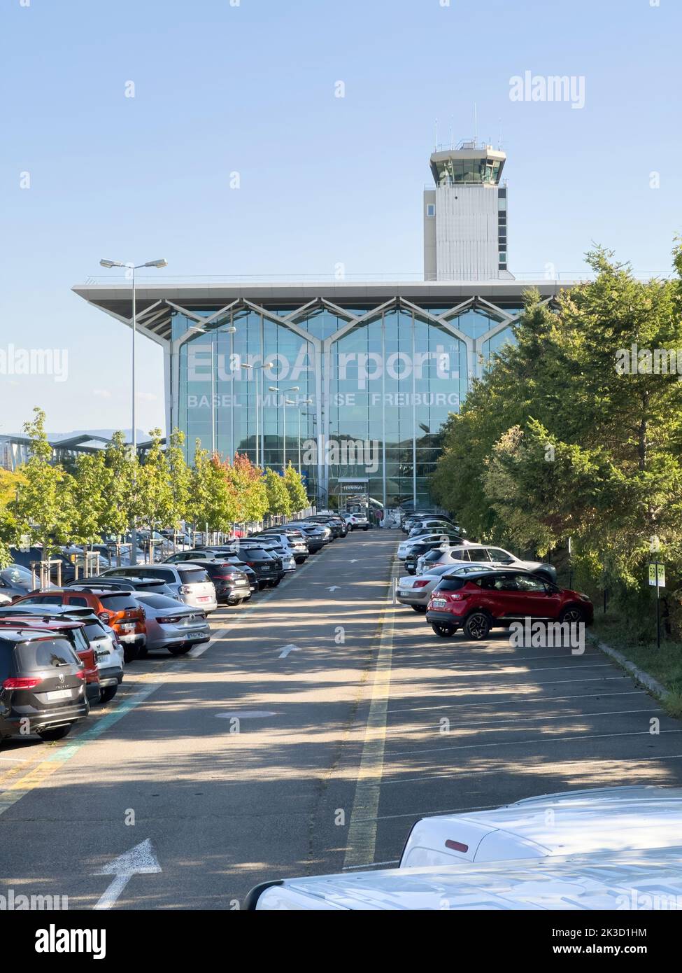 Basel, Switzerland - Sep 22, 2022: View of multiple rent cars and main ...