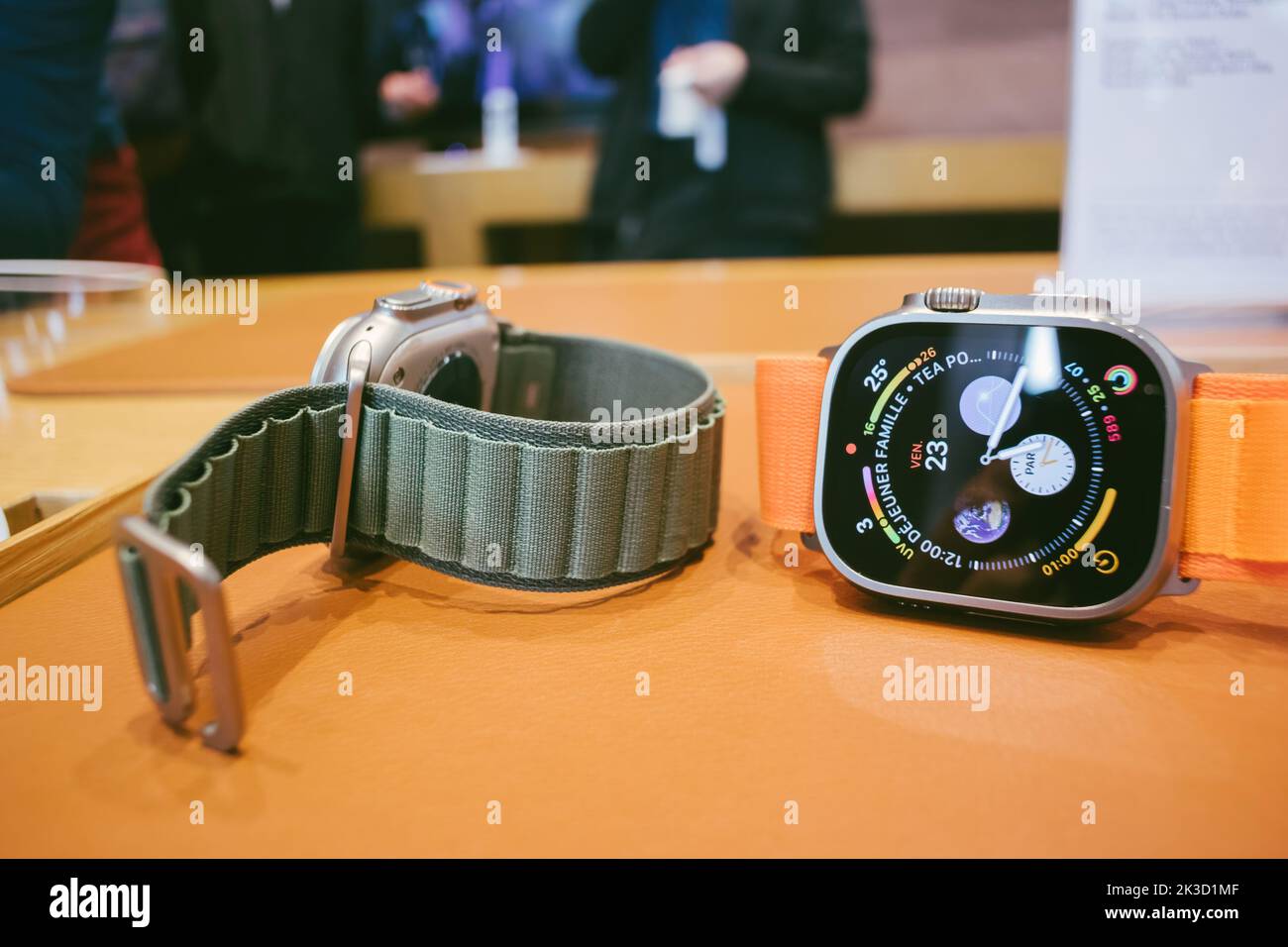 Paris, France - Sep 22, 2022: Two new titanium Apple Watch Ultra in ...