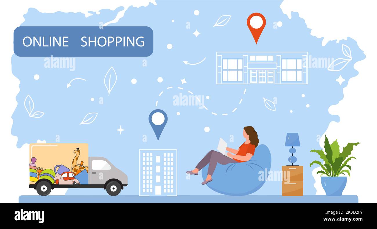 Vector illustration Woman uses a website on laptop to order the ...