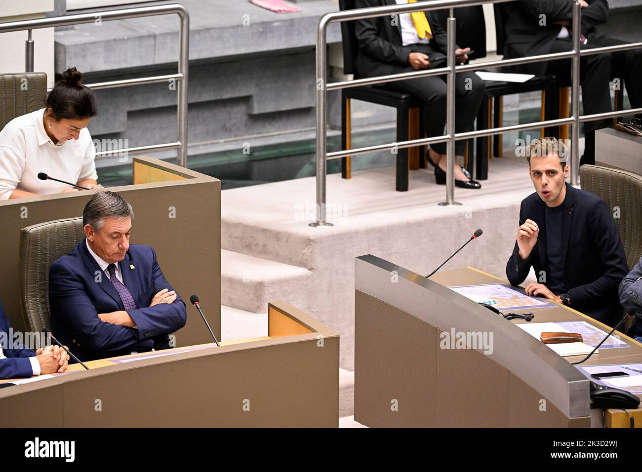 Flemish Minister President Jan Jambon and PVDA's Jos D'Haese pictured during a plenary session ...