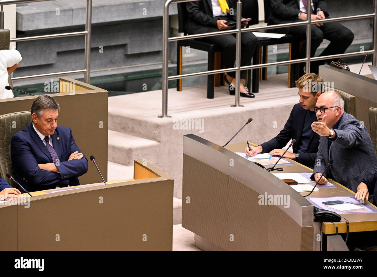 Flemish Minister President Jan Jambon, PVDA's Jos D'Haese and Groen's Bjorn Rzoska pictured ...