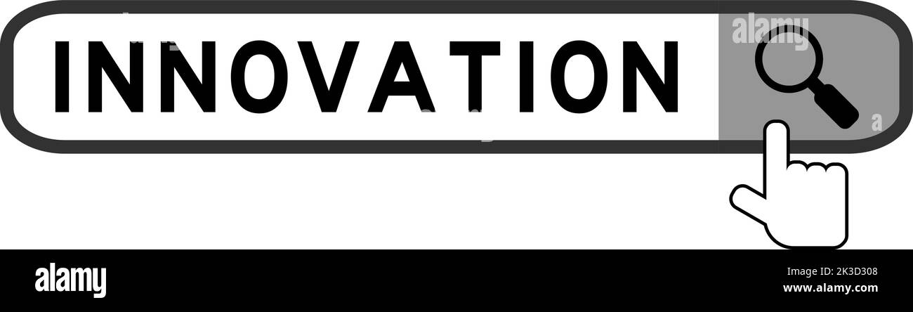 Search banner in word innovation with hand over magnifier icon on white ...