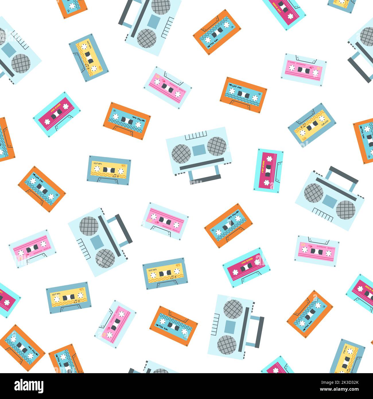 Seamless pattern with old school stereo radio cassete player and audio ...