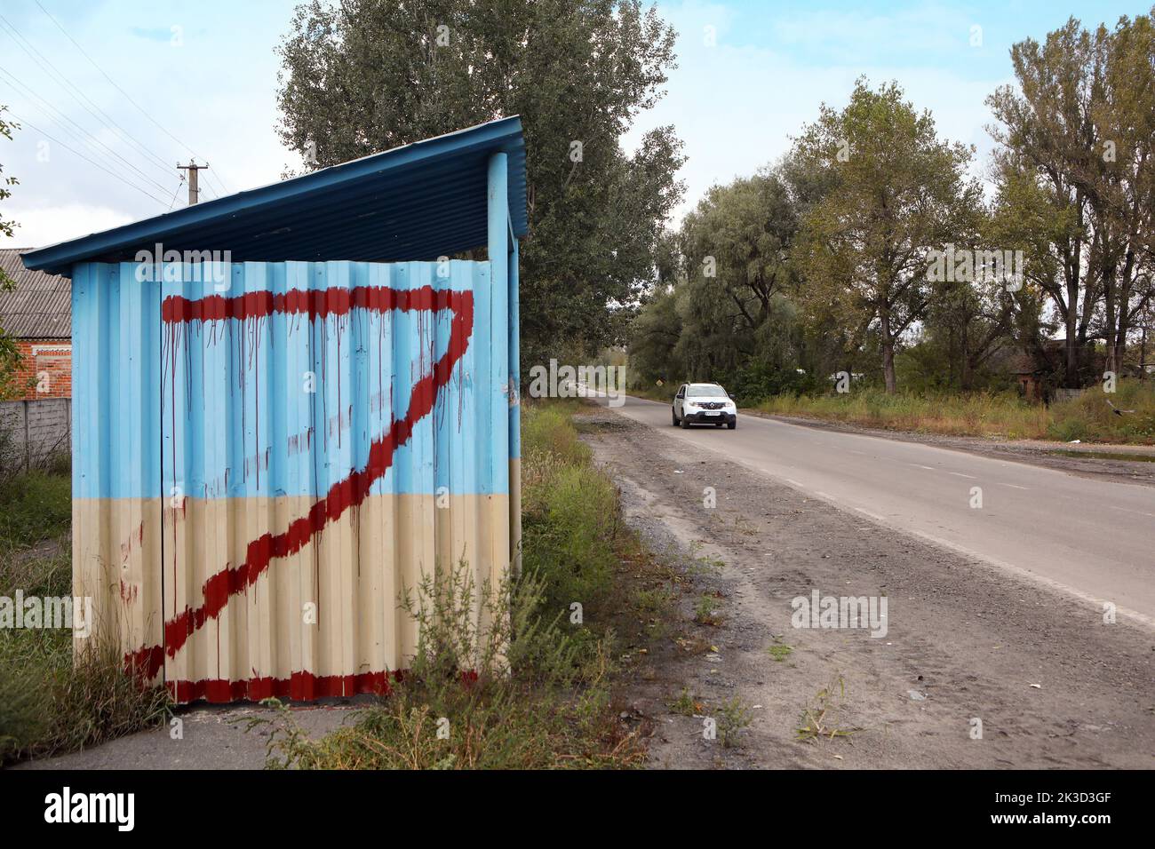 LYPTSI, UKRAINE - SEPTEMBER 24, 2022 - The red Z symbol is painted on a ...