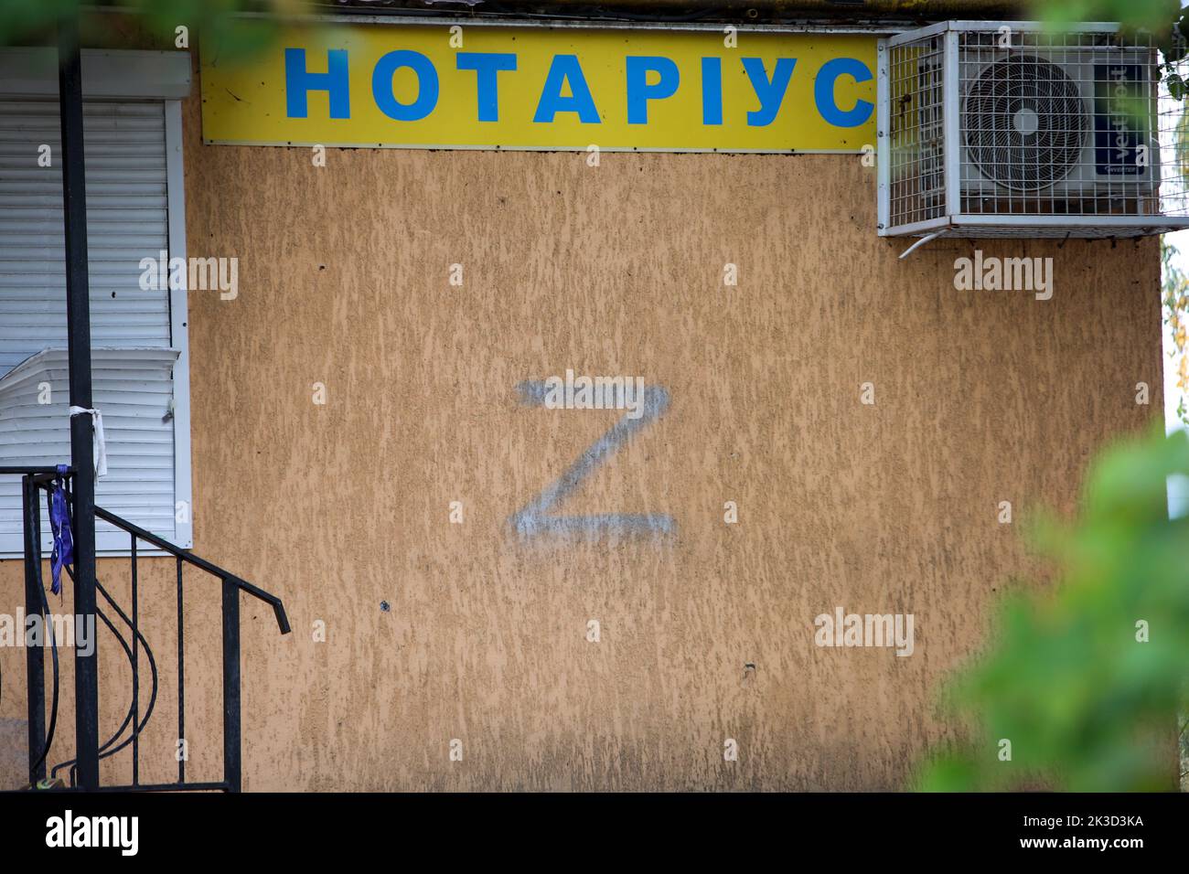 LYPTSI, UKRAINE - SEPTEMBER 24, 2022 - The Z symbol of the Russian ...