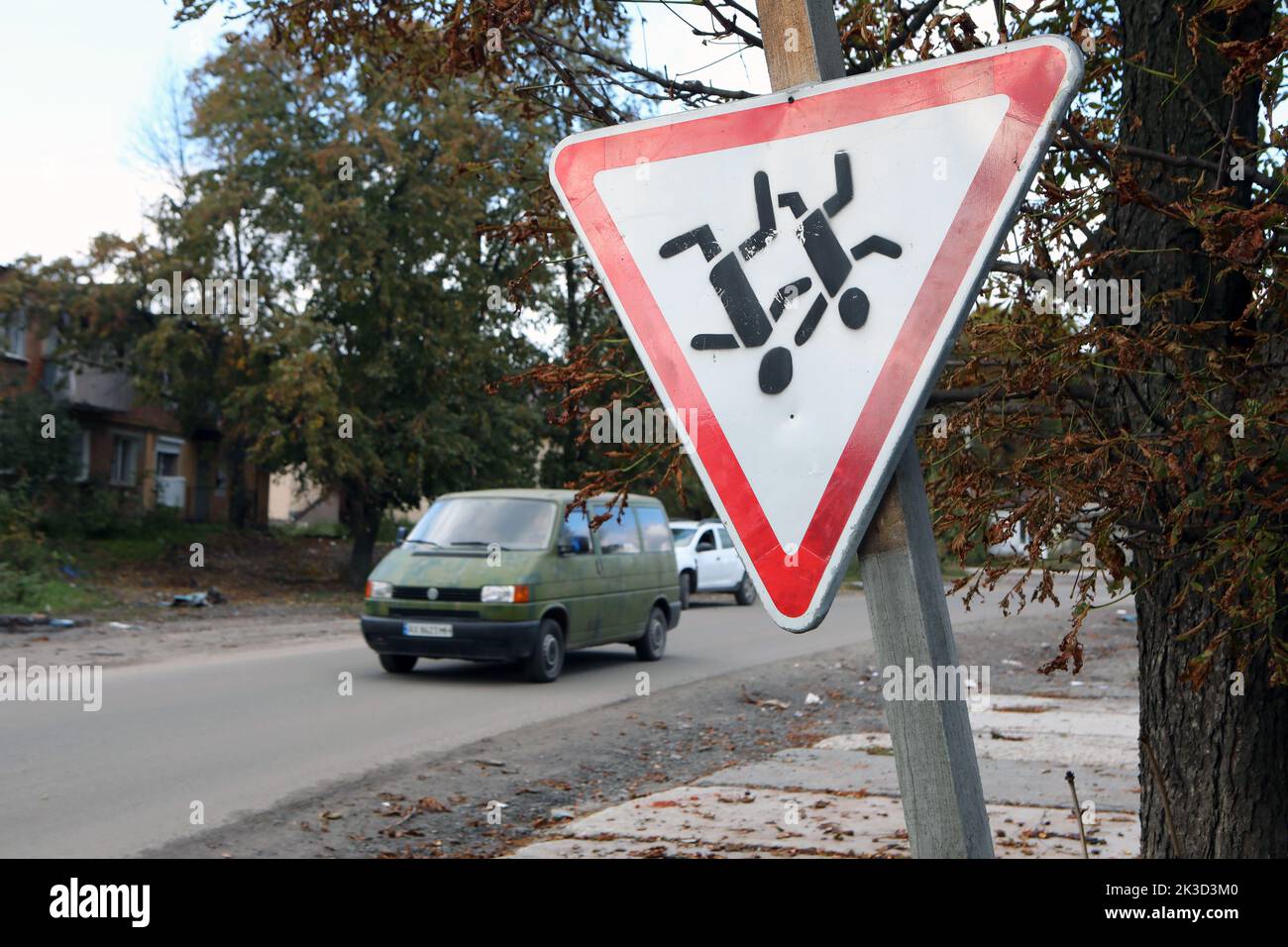 LYPTSI, UKRAINE - SEPTEMBER 24, 2022 - An overturned 'children crossing ...