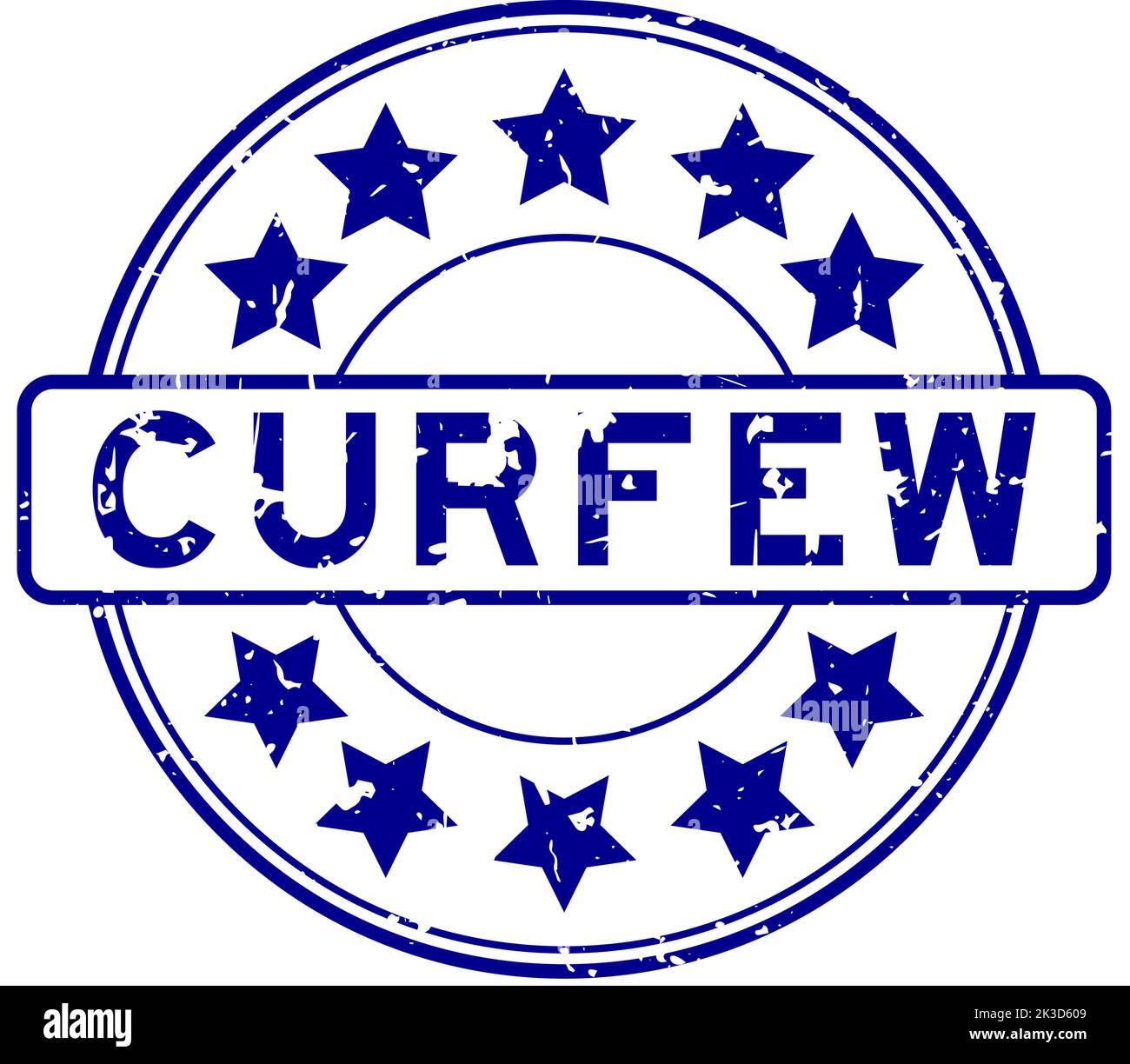 Grunge blue curfew word with star icon round rubber seal stamp on white ...