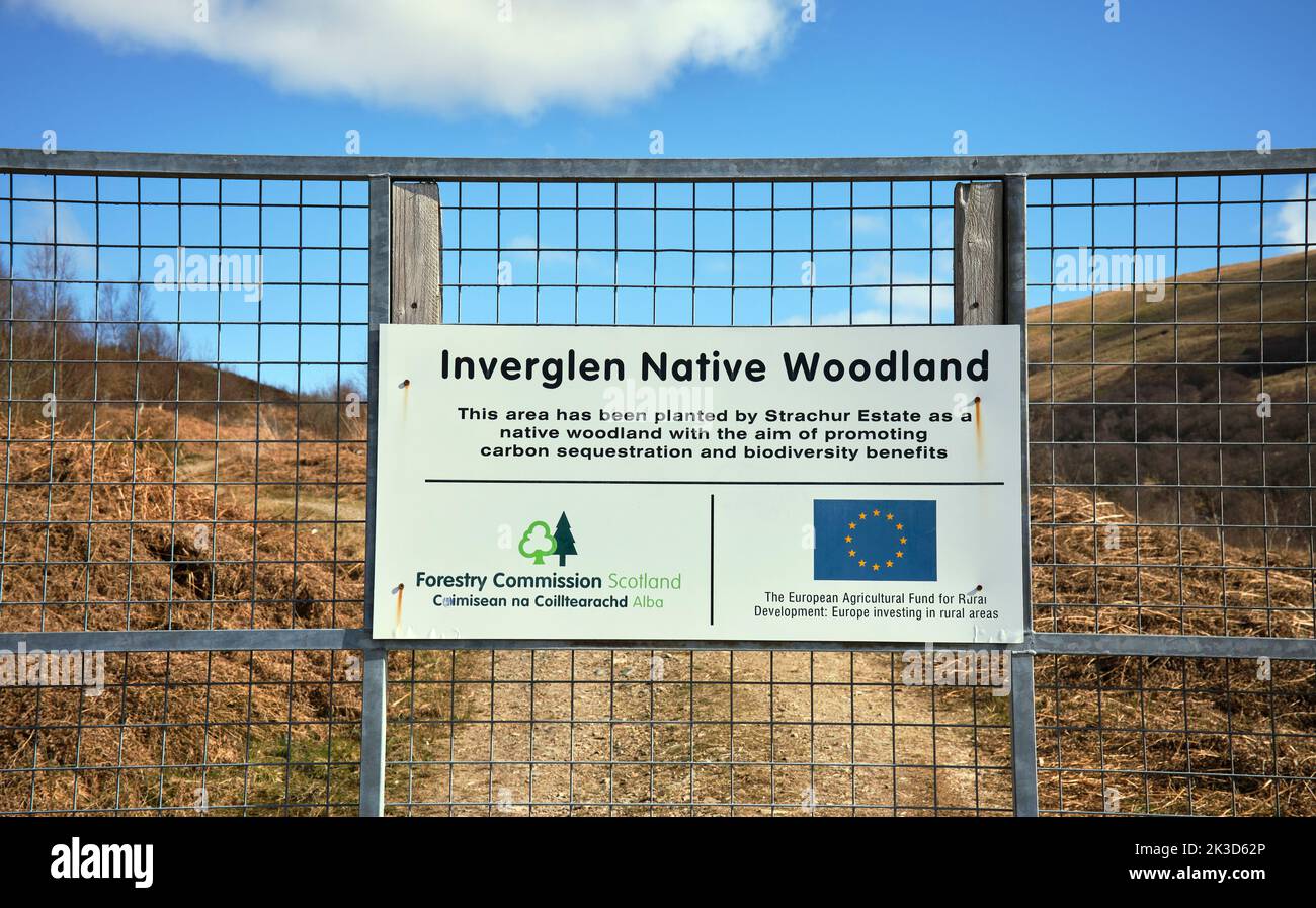 Sign on the gate to Inverglen Native Woodland at Strachur. Argyll and ...