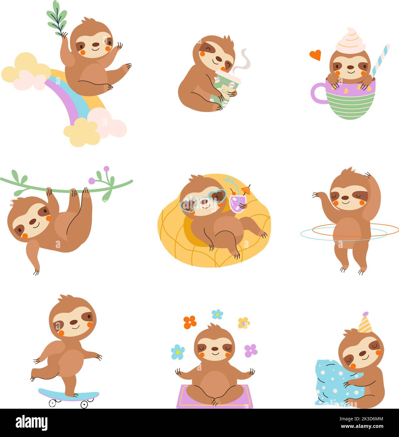 Cute cartoon baby sloths. Wild sloth with coffee, swim, drink cocktail ...