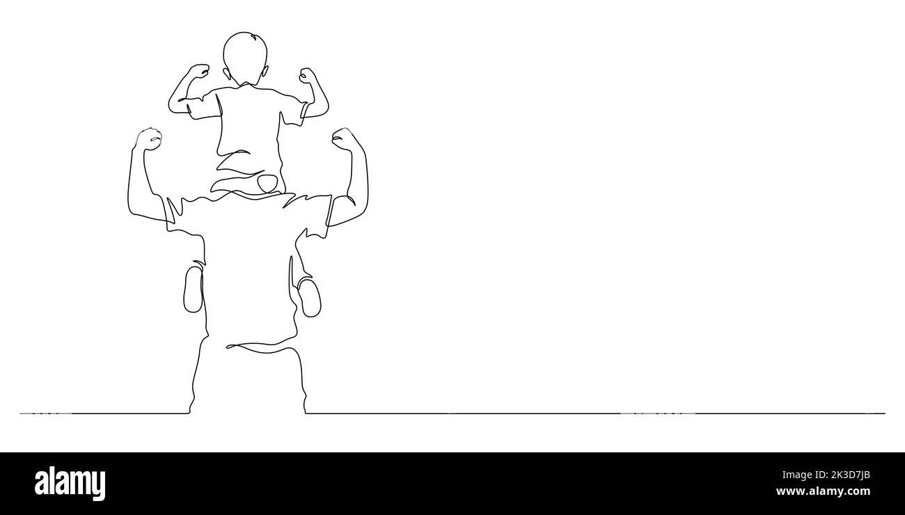 father and son on his shoulders piggyback with arm raised healthy pose ...