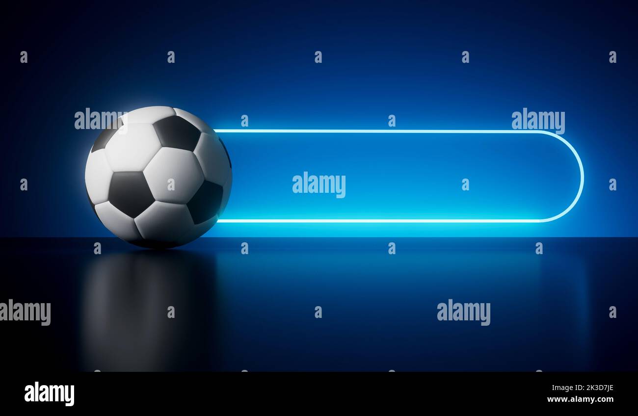 Blue neon futuristic frame with a soccer football. 3D Rendering Stock ...