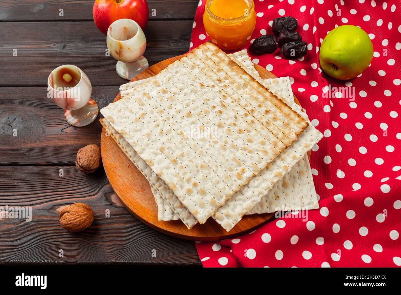 Jewish holiday Passover banner design with wine, matzo on wooden ...