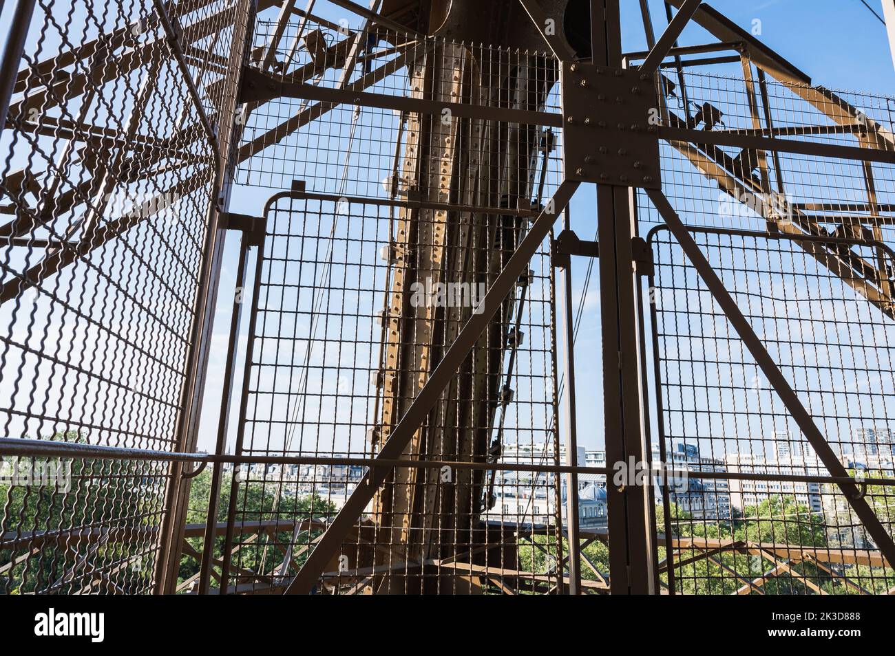 Inside the Eiffel tower. Close up of the iron structure. Distinctive ...