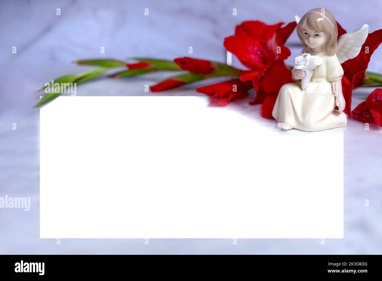 Cute angel with a red gladiolus on a blue marble background. The theme ...