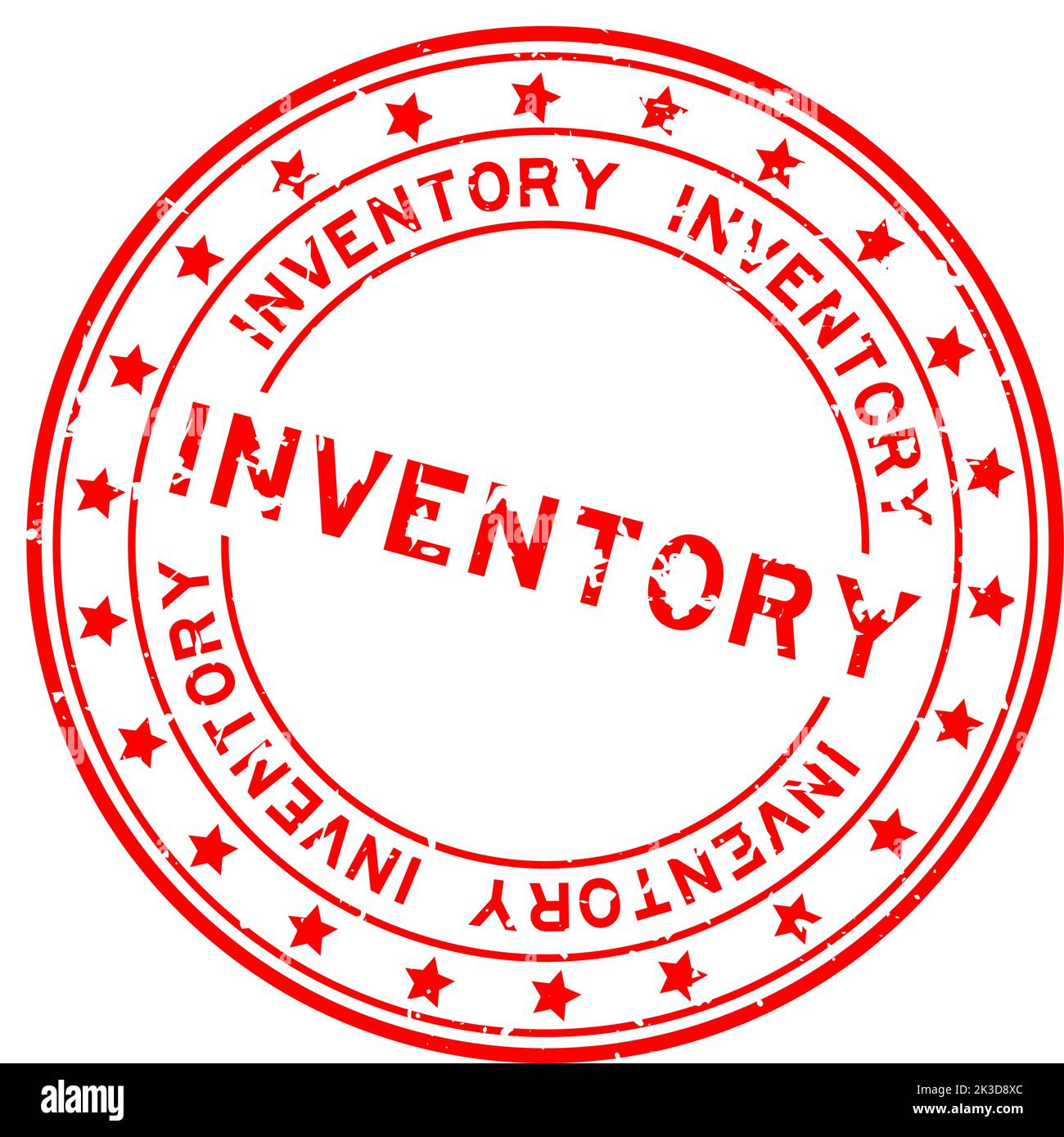 Grunge red inventory word with star icon round rubber seal stamp on ...