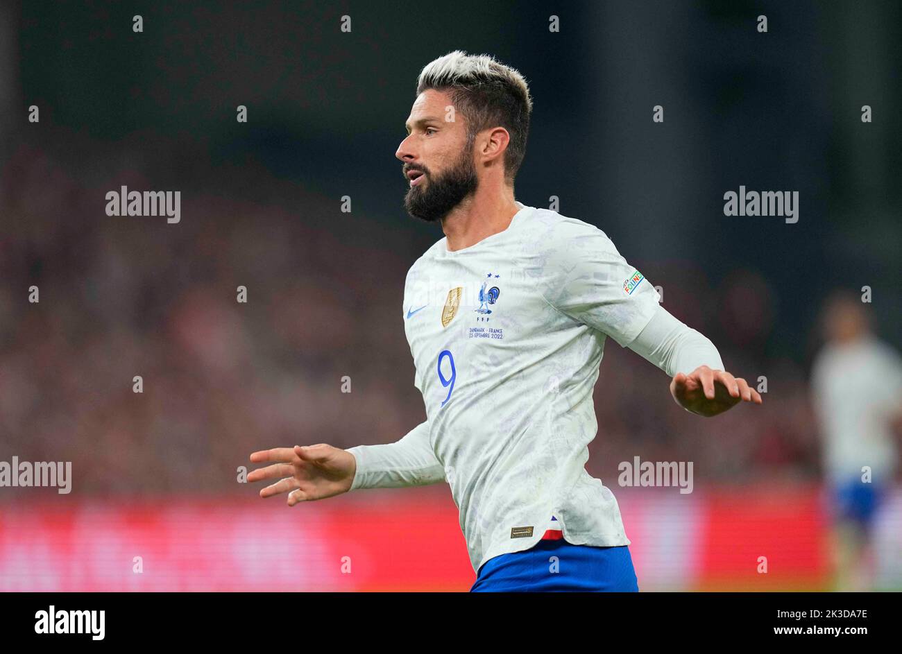 Parken, Copenhagen, Denmark. 25th Sep, 2022. Olivier Giroud (France) looks on during Denmark and ...