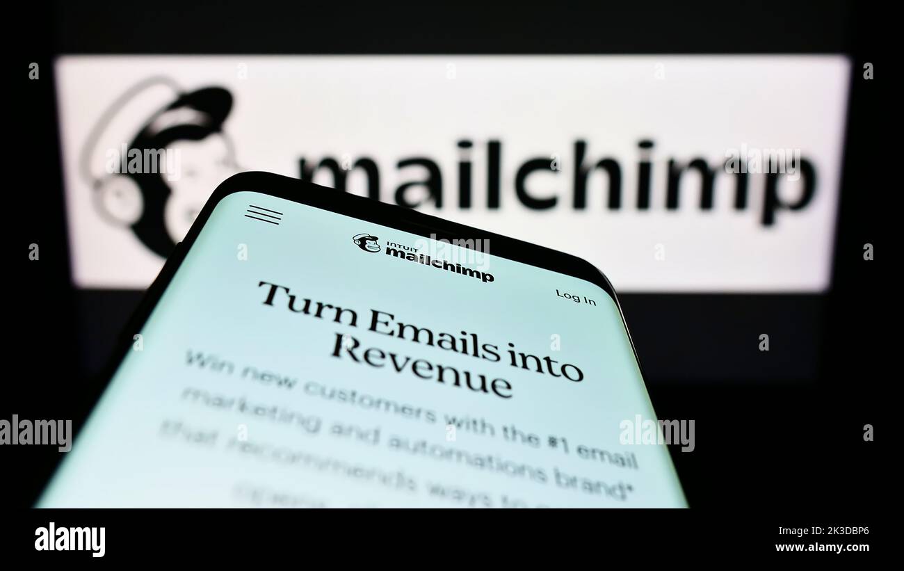 Mobile phone with website of marketing automation platform Mailchimp on ...