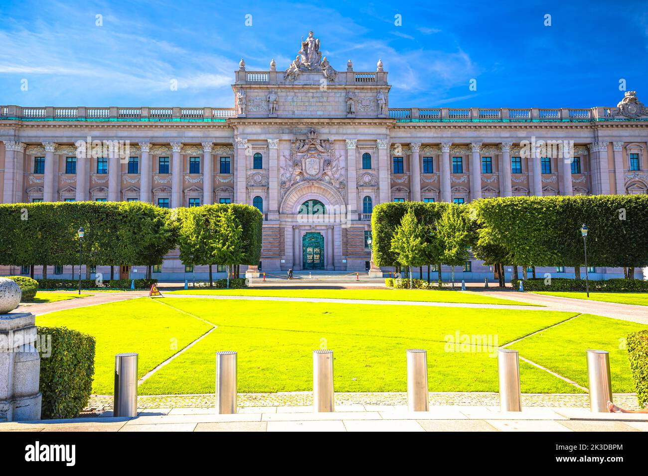 Riksplan park and Swedish parliament The Riksdag house front facade view, capital of Sweden ...