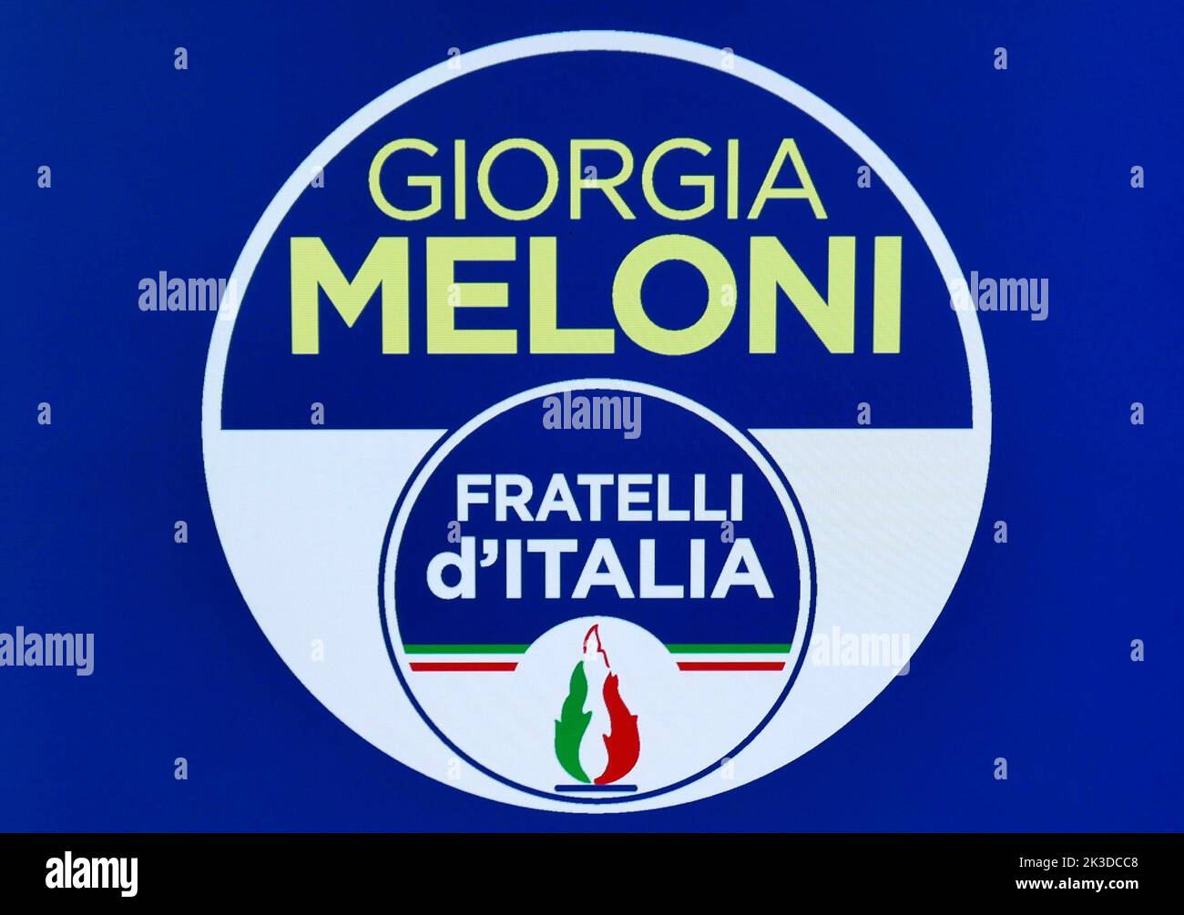 Logo of Giorgia Meloni's election campaign is displayed in Rome, Italy ...