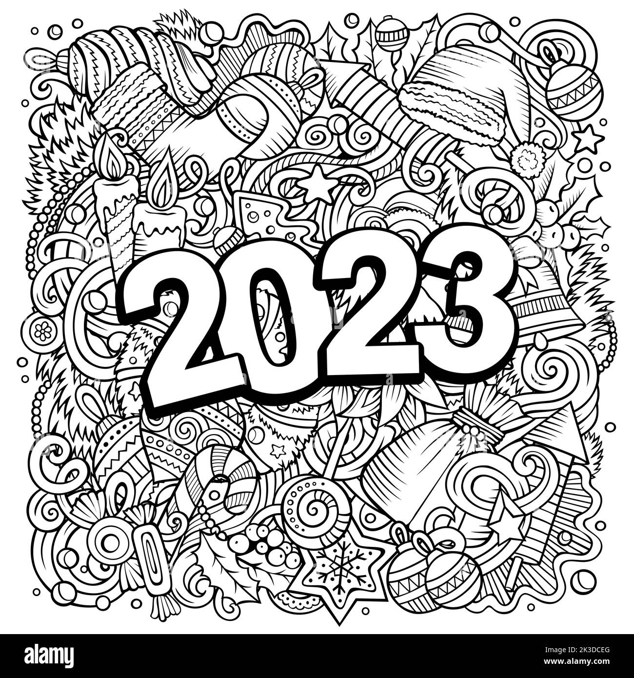 2023 doodles illustration. New Year objects and elements poster Stock ...