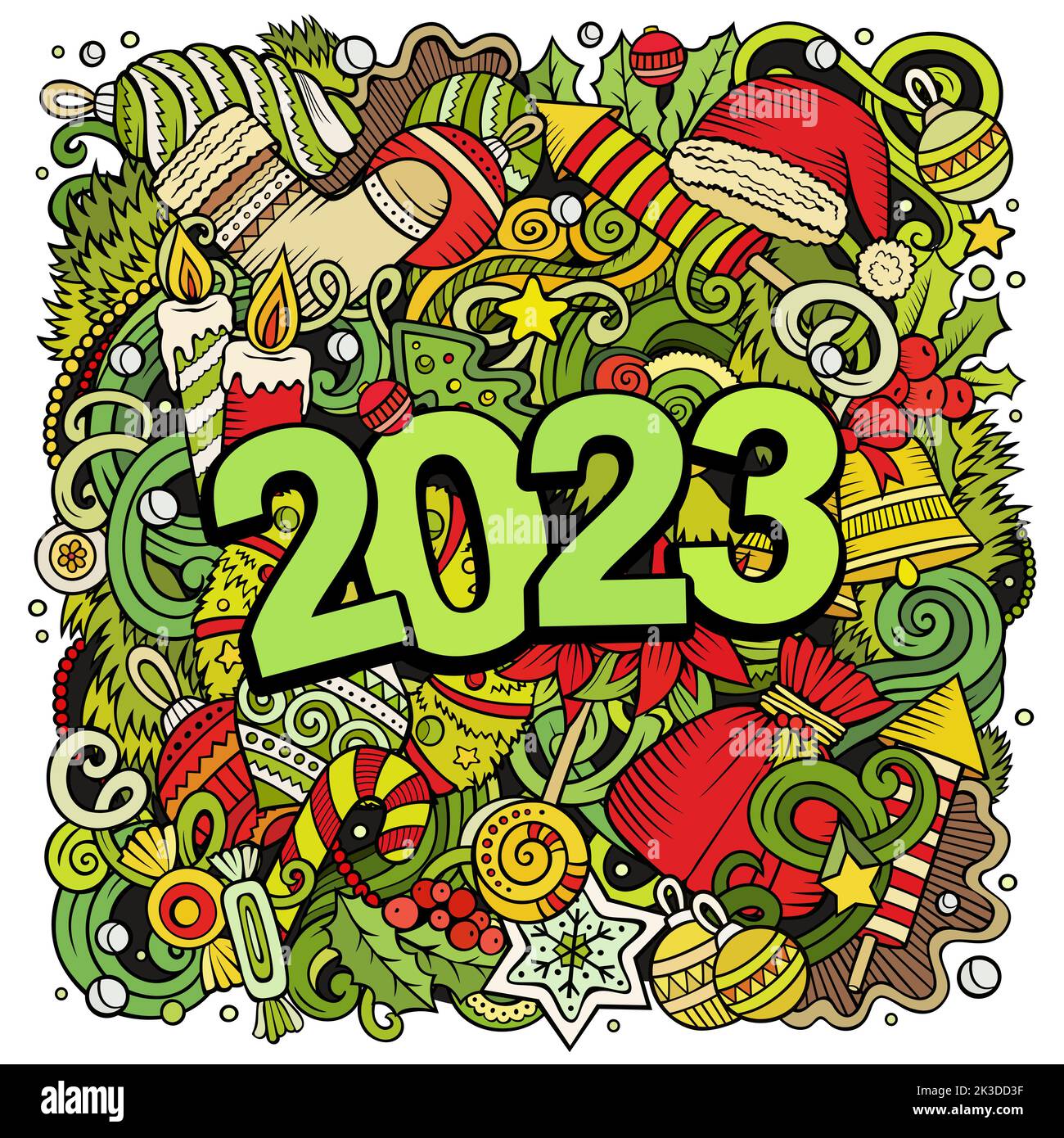 2023 doodles illustration. New Year objects and elements poster Stock ...