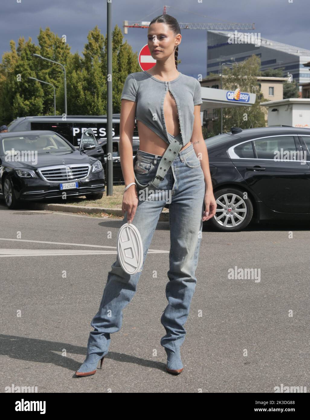 Model Bianca Balti street style outfit before Diesel fashion show ...