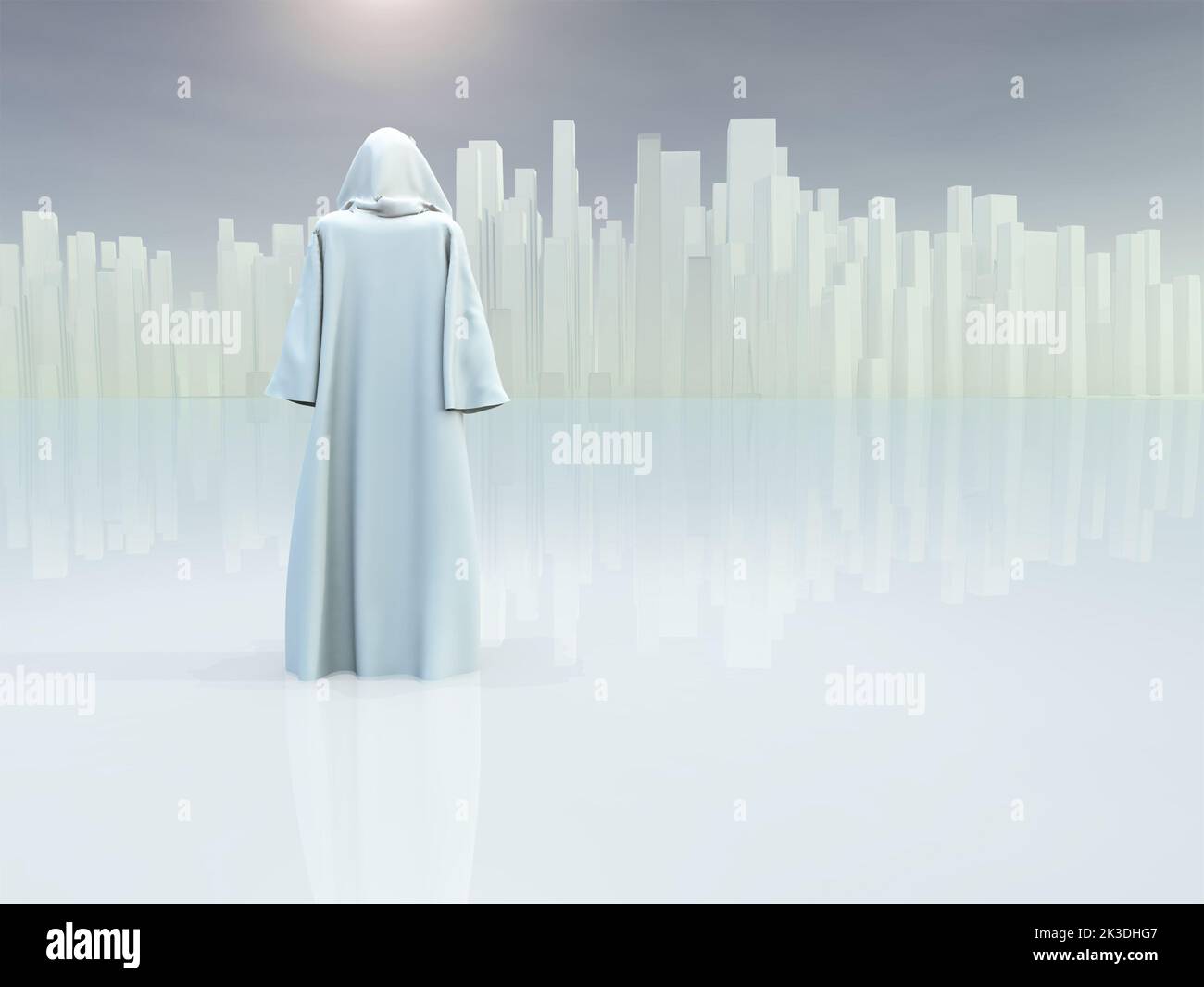 Robed Traveler before the pure city. 3D rendering Stock Photo - Alamy