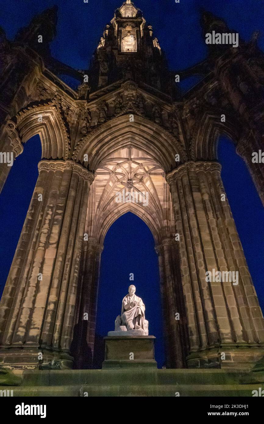 Scott monument by night in city centre of Edinburgh, Scotland Stock ...