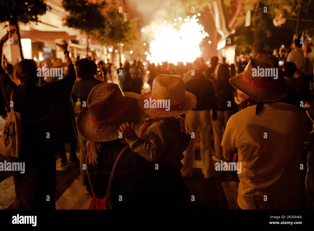 The "Correfocs", a Catalan tradition that consists of dancing under pyrotechnics, during the ...