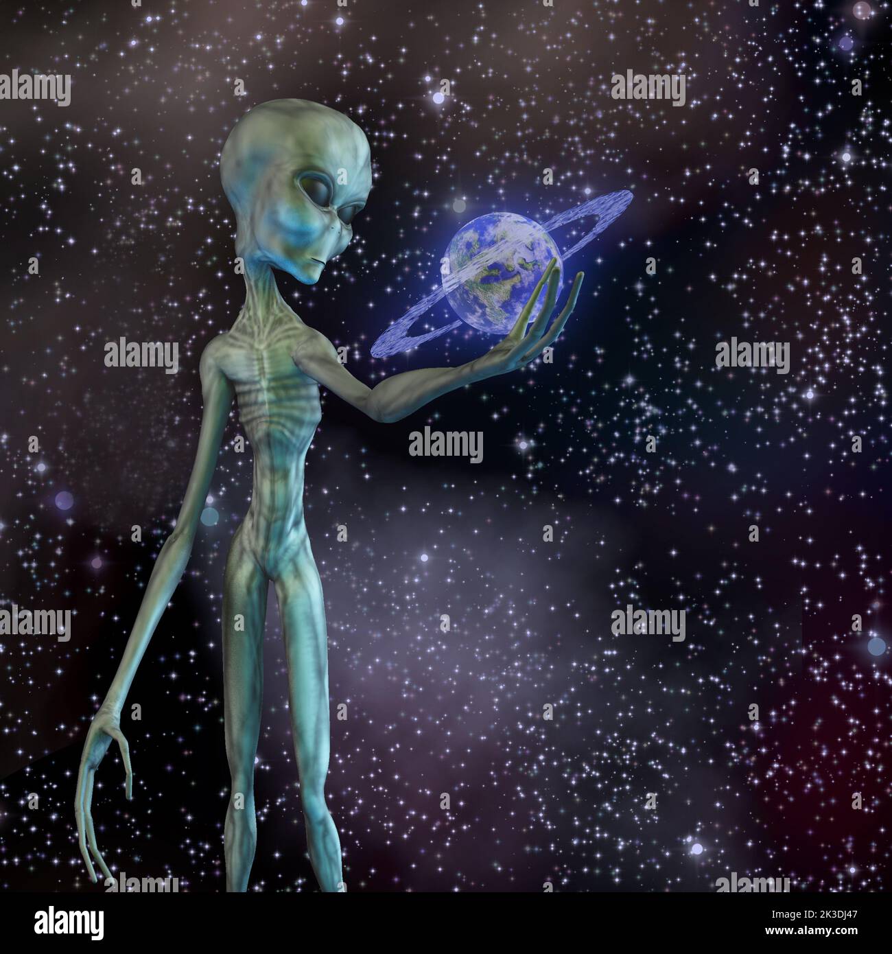 Alien holding ringed planet. 3D rendering Stock Photo - Alamy