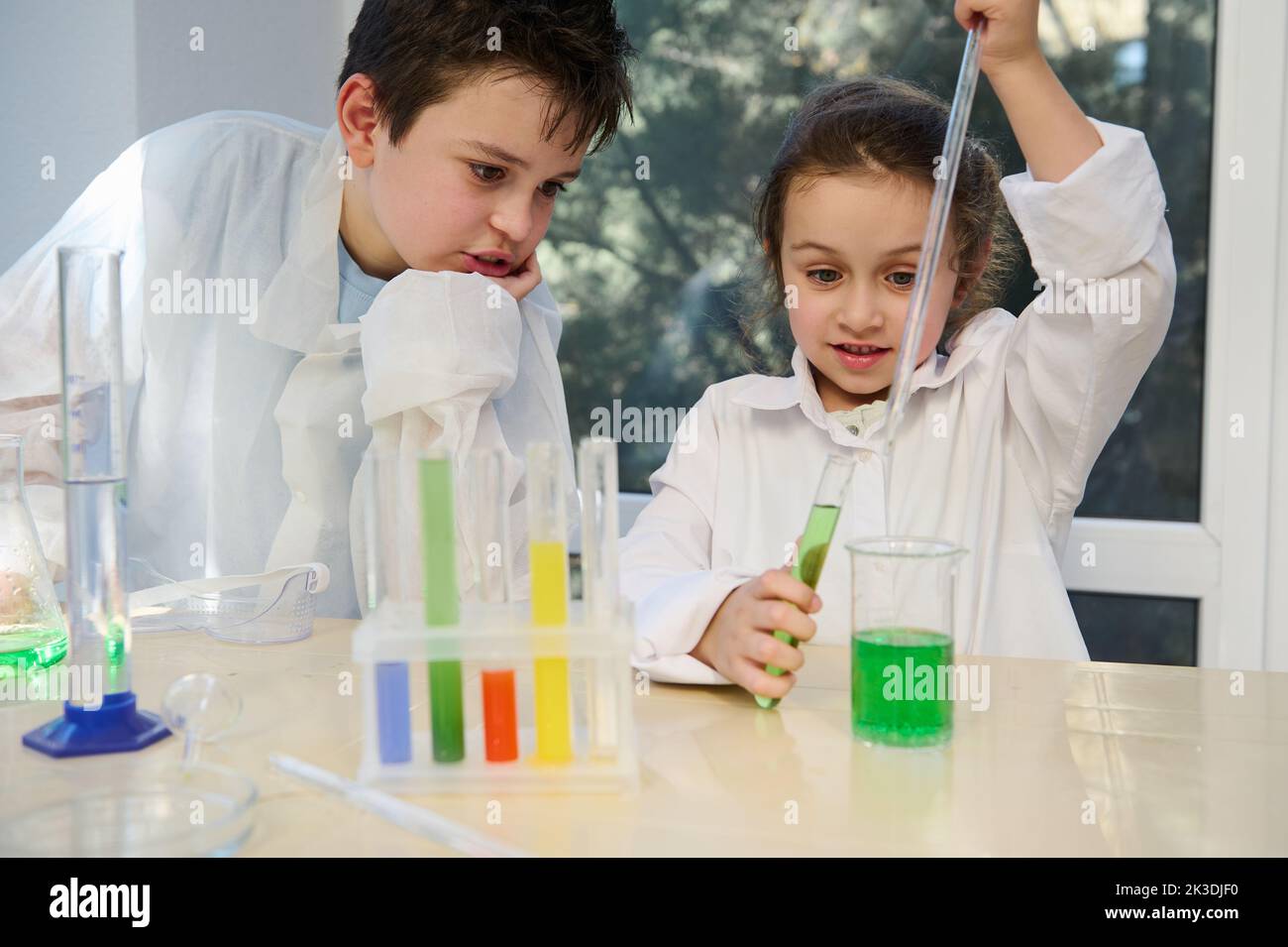 Smart elementary age students watching a chemical reaction taking place ...