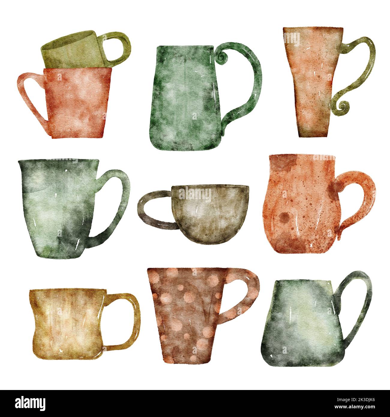 Set of hand drawn watercolor rustic mugs isolated on white Stock Photo ...