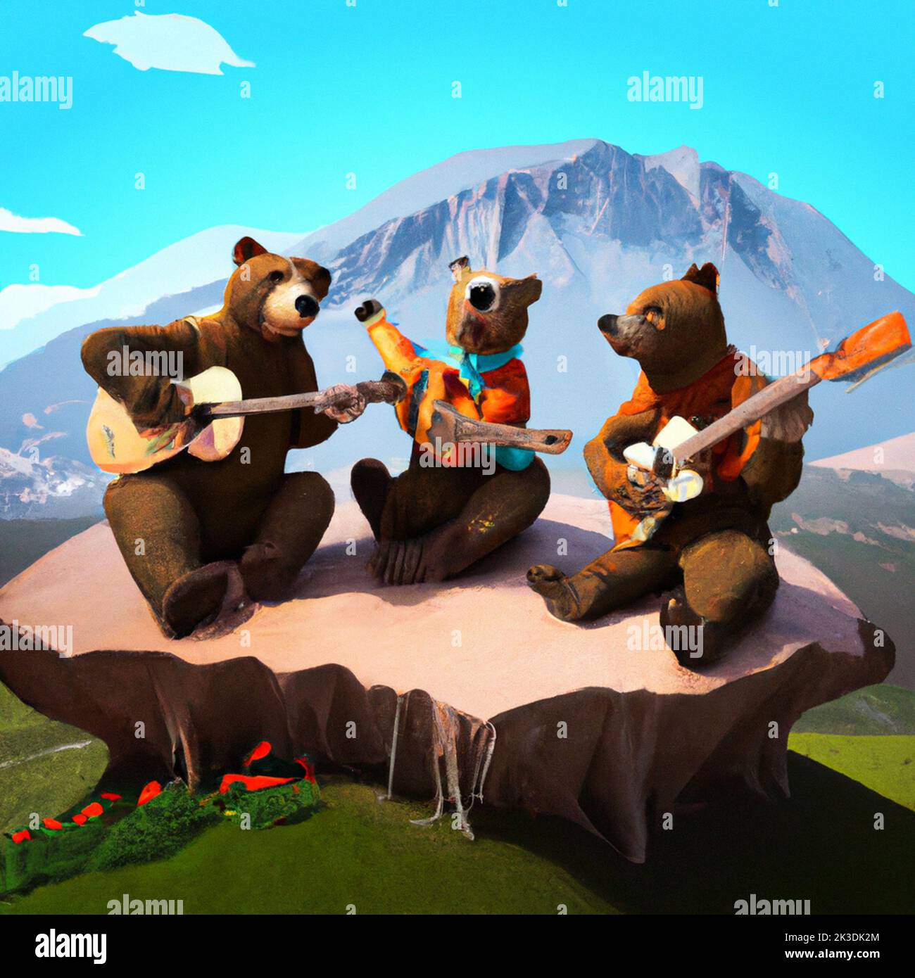 a group of bears playing guitar on mountains in spring season Stock ...