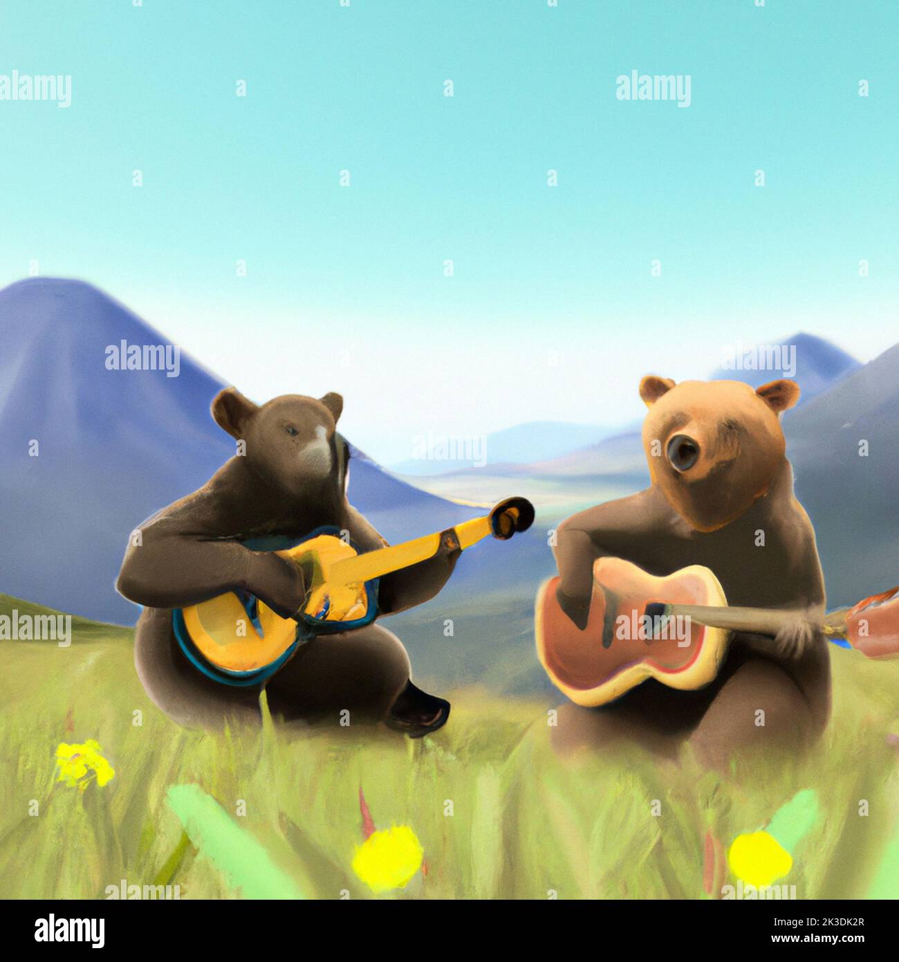 a group of bears playing guitar on mountains in spring season Stock ...