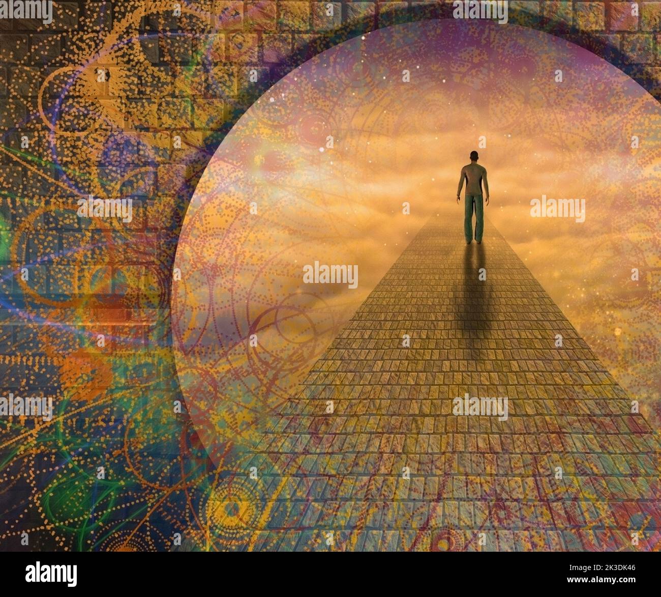 Man on path and doorway with aged clock. 3D rendering Stock Photo - Alamy