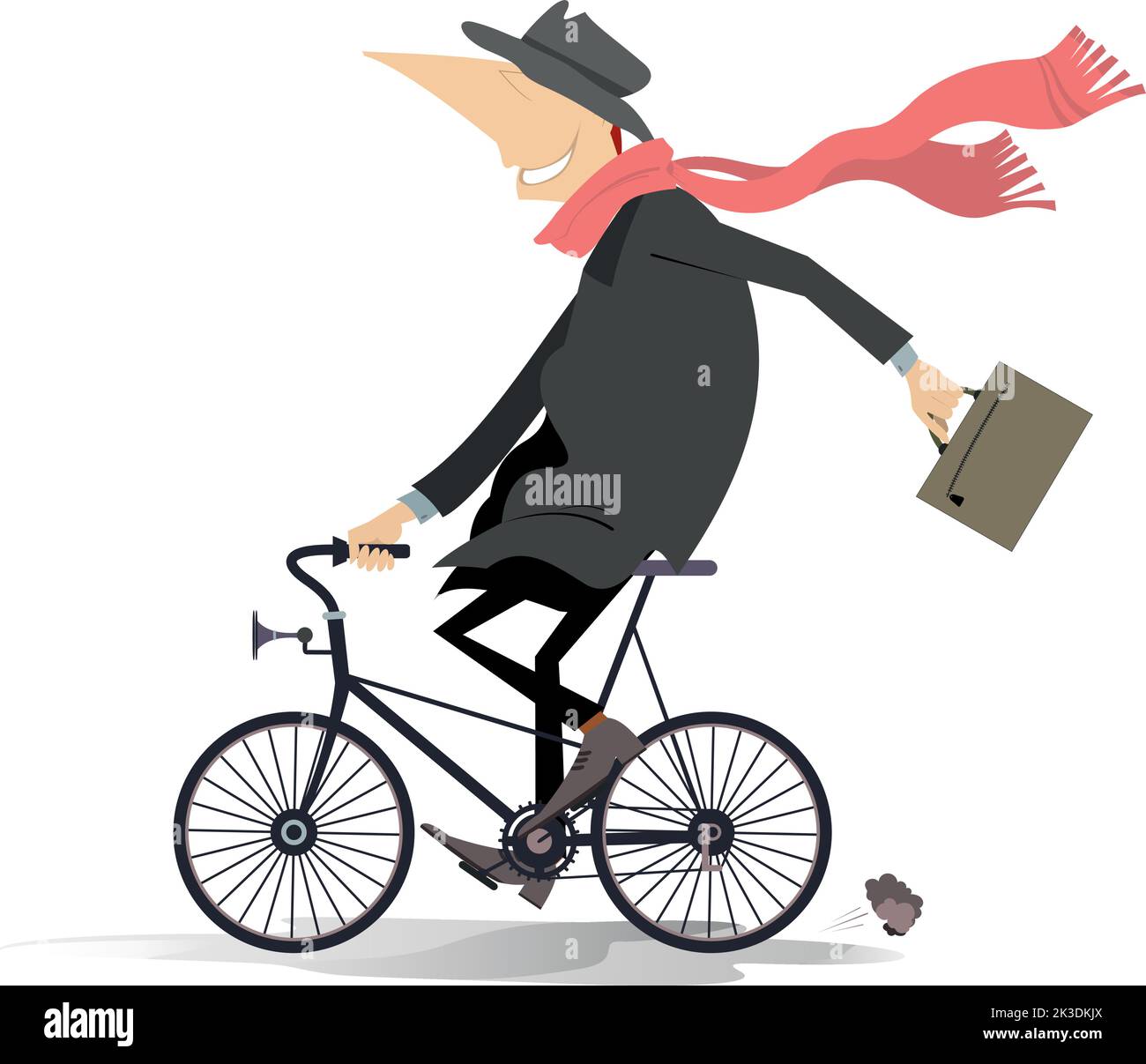 Young man rides a bike. Smiling young man with a bag rides a bike ...