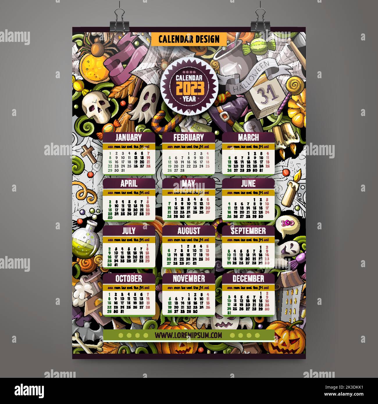 Cartoon doodles Halloween 2023 year calendar template Stock Vector ...