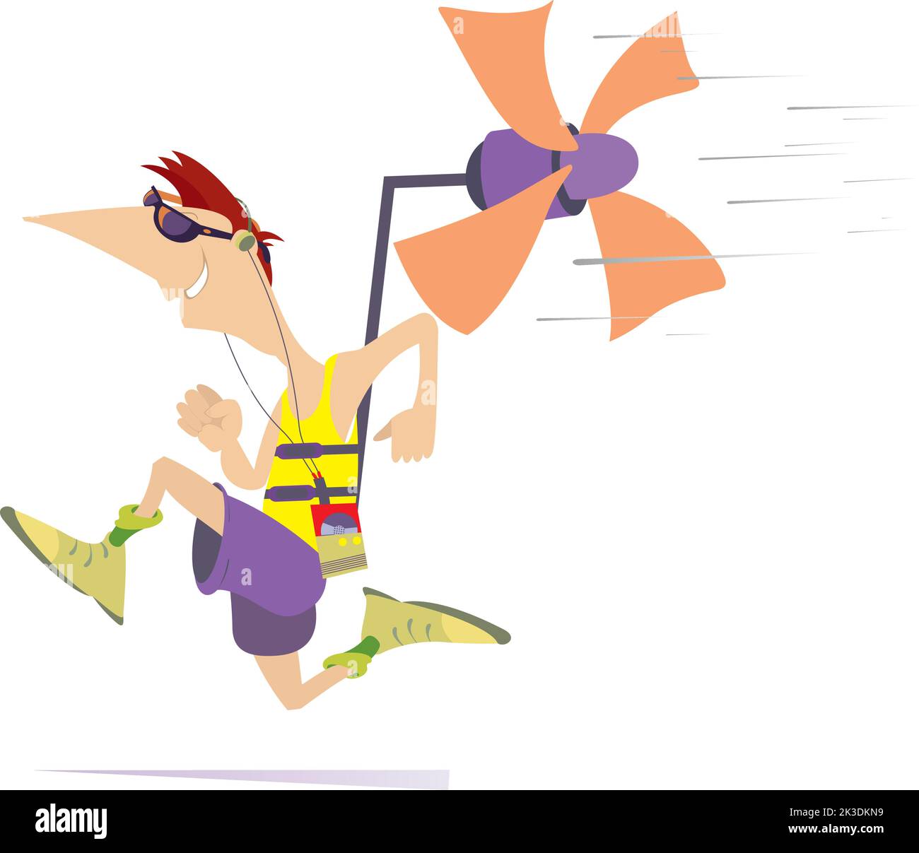 Cartoon running man listening music on player using headphones and ...