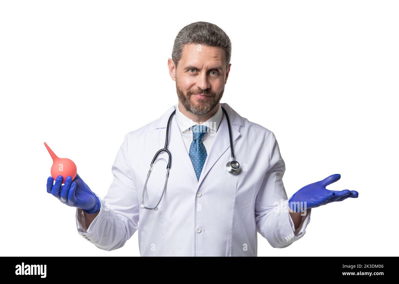 puzzled doctor hold clyster isolated on white. clyster for medical ...